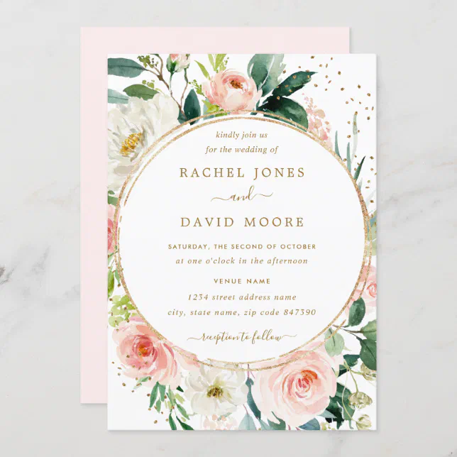 Floral Geometric Blush Gold Wedding Invitation | Zazzle