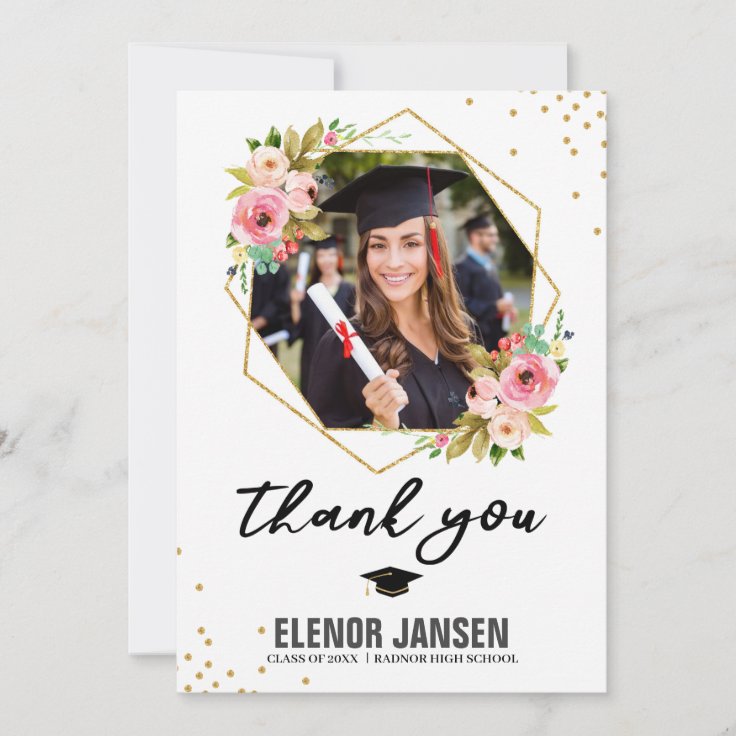 Floral Geometric Graduation Hand Lettering Photo Thank You Card | Zazzle