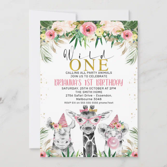 Floral Girls Drawn Safari Wild Birthday Invitation | Zazzle