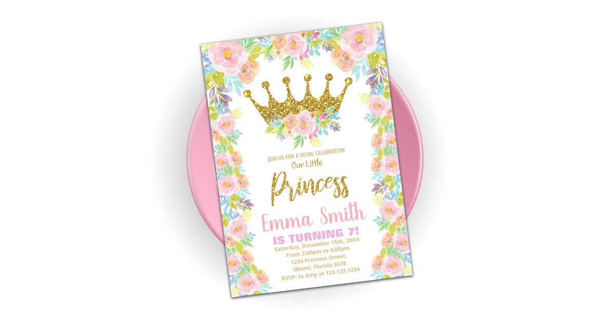 Floral Glitter Crown Princess Birthday Invitations | Zazzle