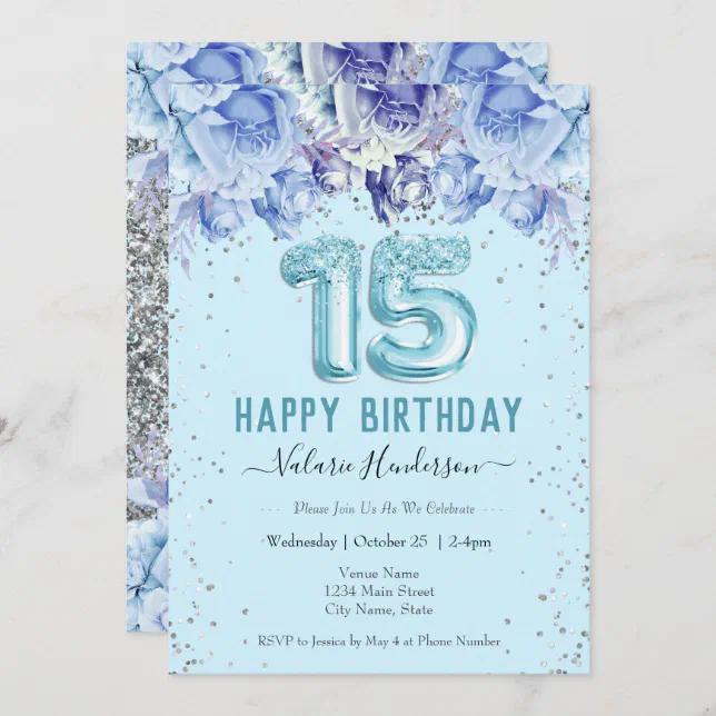 Floral Glitter Light Blue Happy 15th Birthday | Zazzle