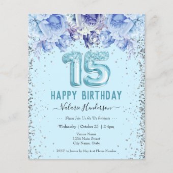 Floral Glitter Light Blue Happy 15th Birthday | Zazzle