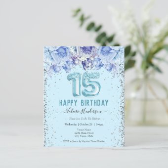 Floral Glitter Light Blue Happy 15th Birthday | Zazzle