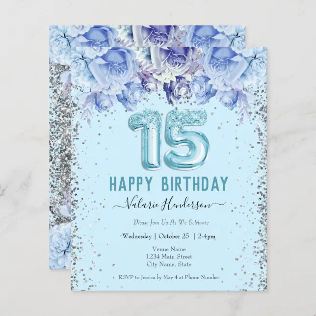 Floral Glitter Light Blue Happy 15th Birthday | Zazzle