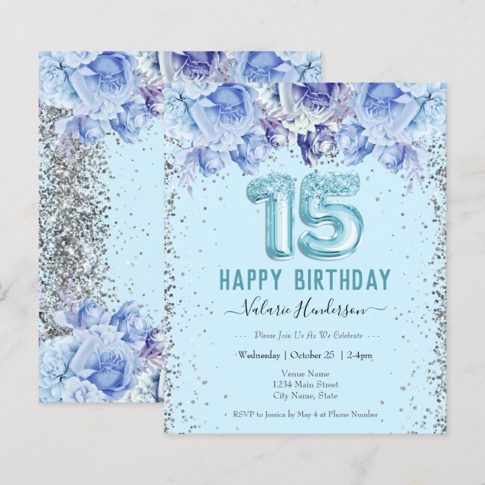 Floral Glitter Light Blue Happy 15th Birthday | Zazzle.com