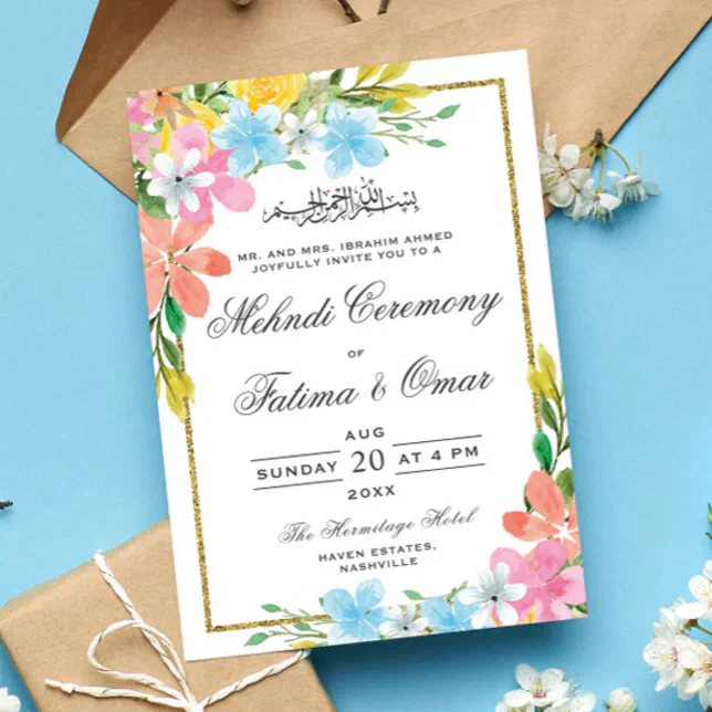 Floral Gold Border Muslim Islamic Mehndi Ceremony Invitation | Zazzle