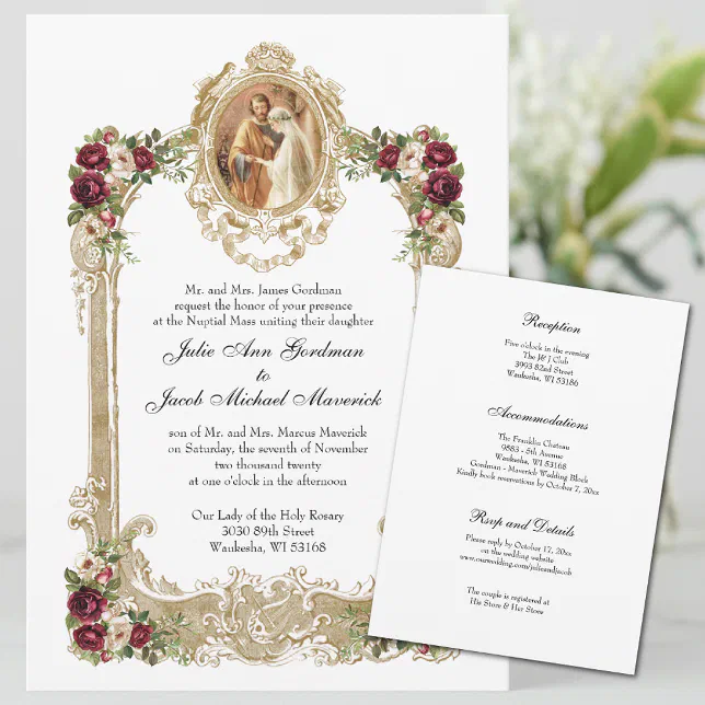 Floral & Gold Catholic Wedding & Reception Invitation | Zazzle