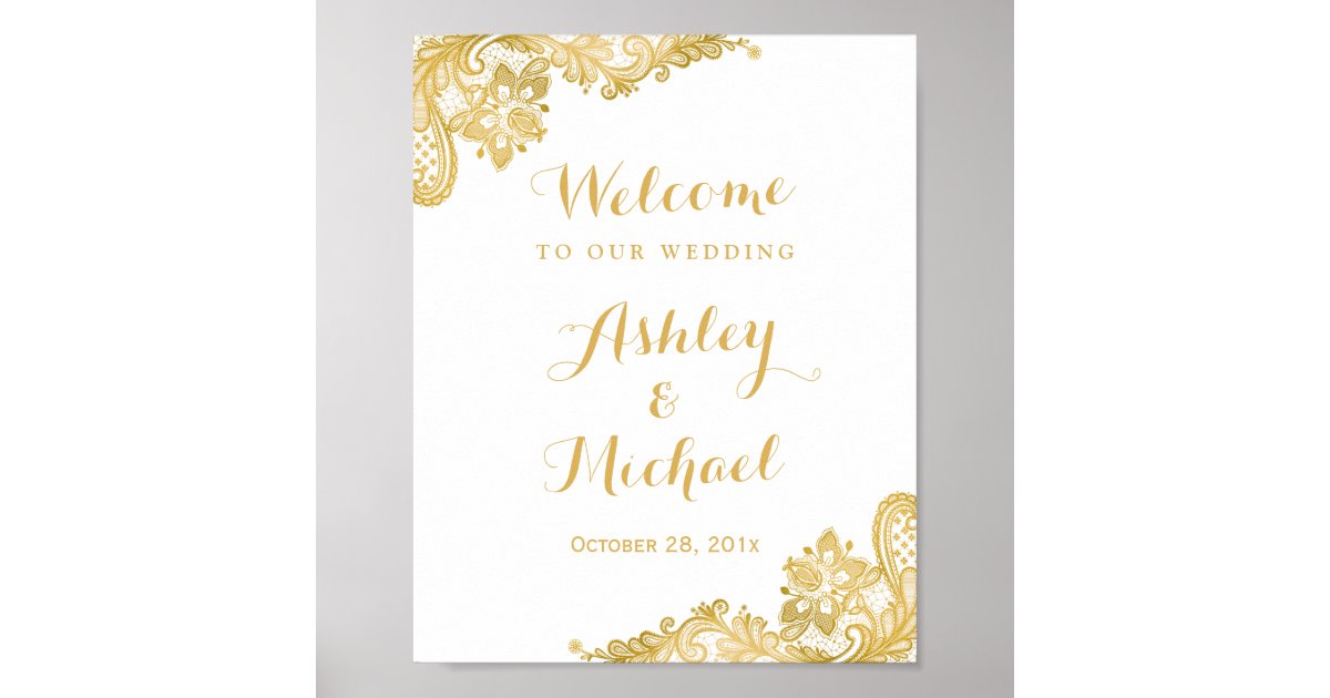 Floral Gold Lace Pattern Wedding Reception Sign | Zazzle