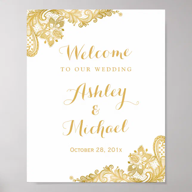 Floral Gold Lace Pattern Wedding Reception Sign | Zazzle