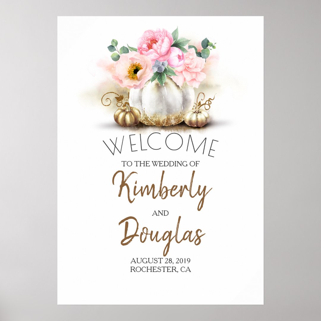 Floral Gold Pumpkin Fall Wedding Welcome Sign | Zazzle