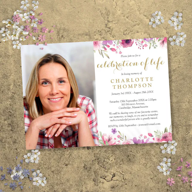Floral Gold Script Celebration of Life Funeral Invitation | Zazzle