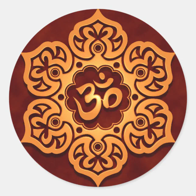 Floral Golden Red Aum Design Classic Round Sticker | Zazzle