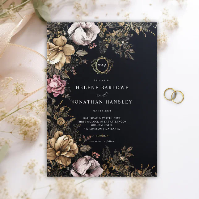 Floral Gothic Black Monogram Wedding Invitation | Zazzle