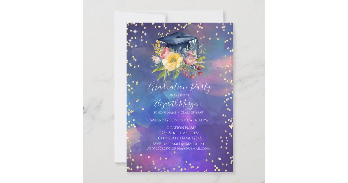 Floral Grad Cap,Diamonds Paint Splash Graduation Invitation | Zazzle