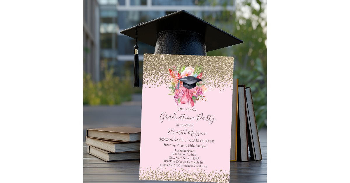 Floral Graduation Cap,Diamonds Pink Graduation Invitation | Zazzle
