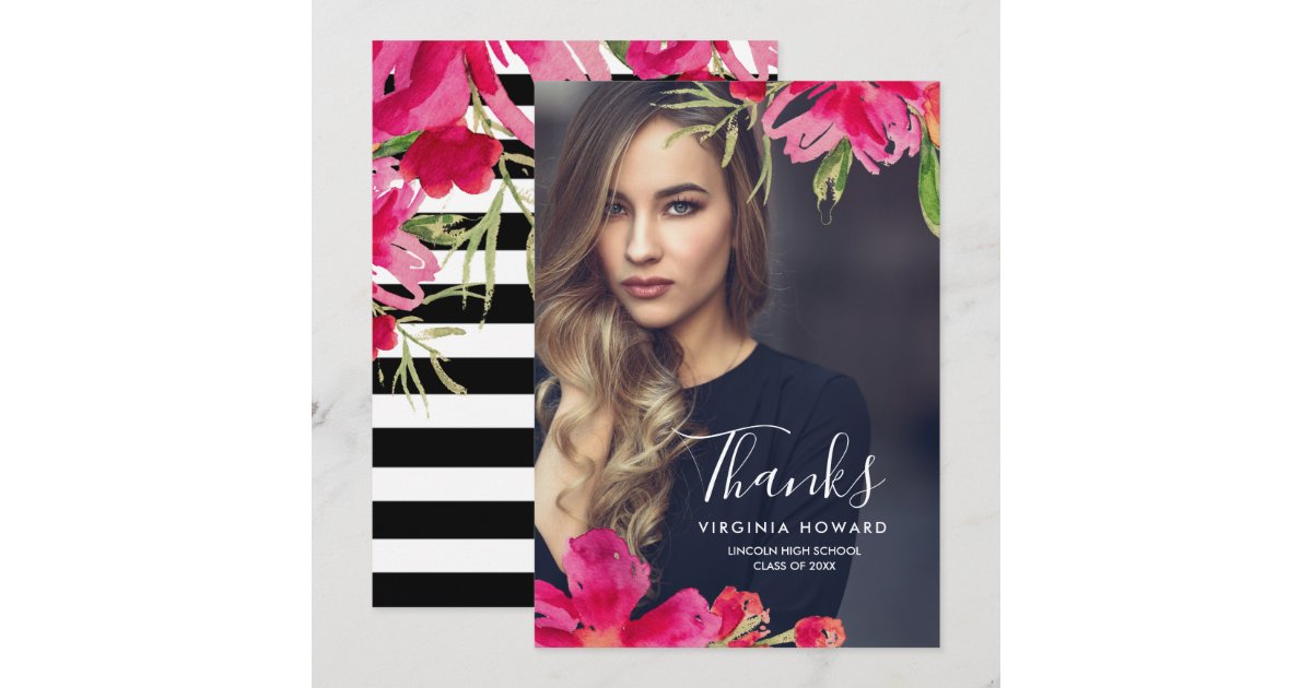 Floral Graduation Thank You Photo Card | Zazzle