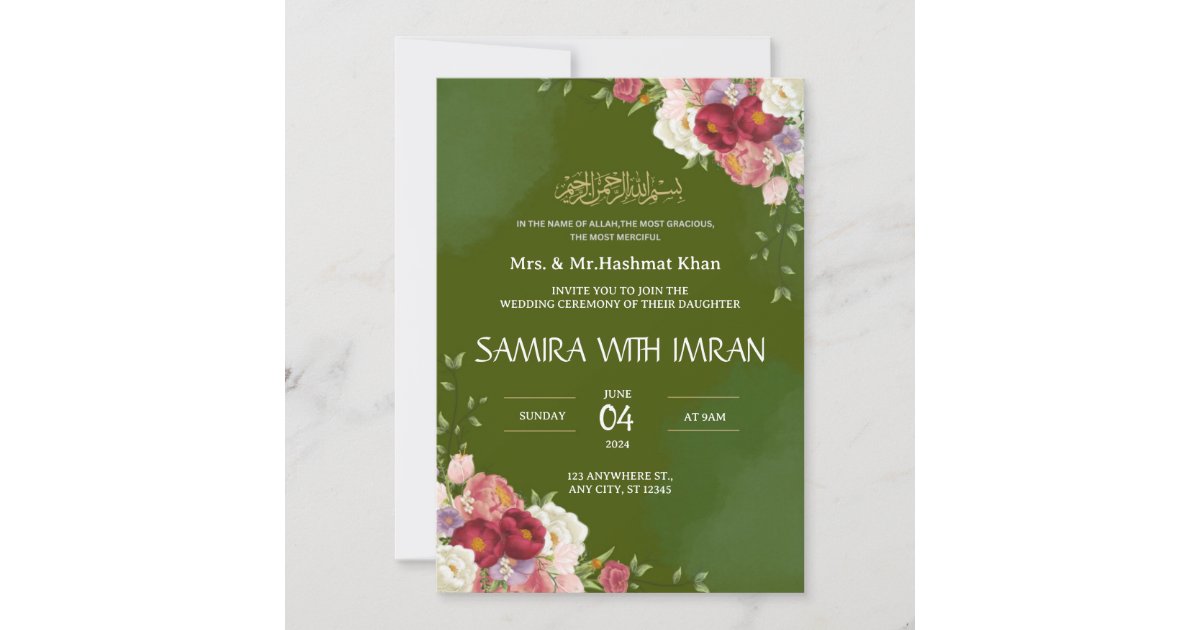 Floral Green Muslim Wedding Invitation | Zazzle