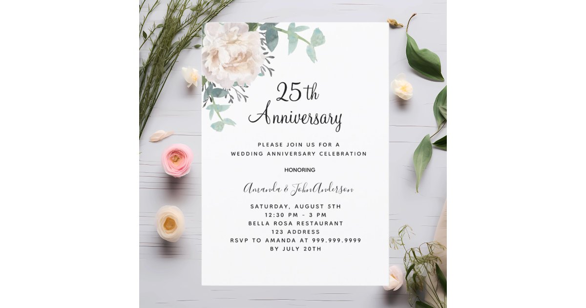 Floral greenery 25th wedding anniversary invitation | Zazzle