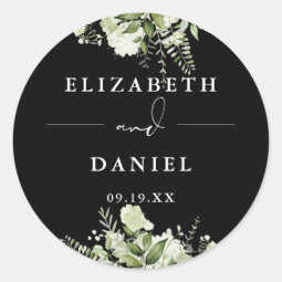 Floral Greenery Black And White Wedding Favor Classic Round Sticker ...
