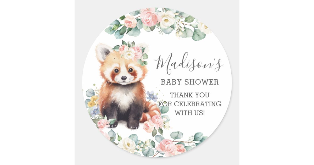 Floral Greenery Cute Red Panda Thank You Favor Classic Round Sticker ...