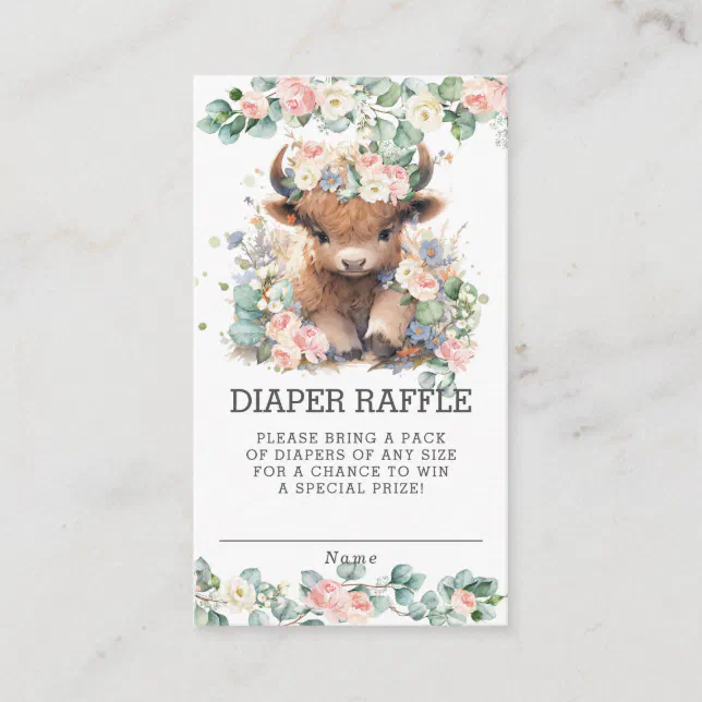 Floral Greenery Highland Cow Baby Diaper Raffle Enclosure Card | Zazzle