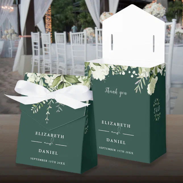 Floral Greenery Monogram Emerald Wedding Favor Boxes | Zazzle