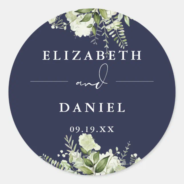 Floral Greenery Navy Blue Wedding Favor Classic Round Sticker Zazzle