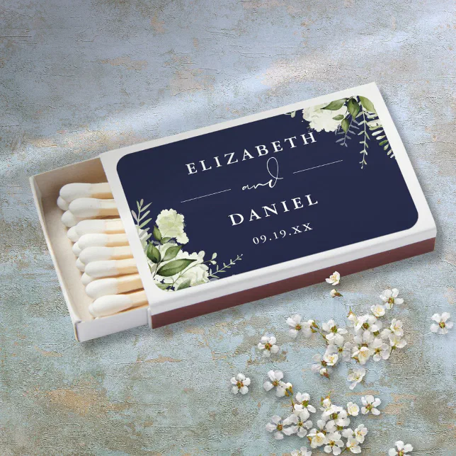 Floral Greenery Navy Blue Wedding Favors Matchboxes | Zazzle