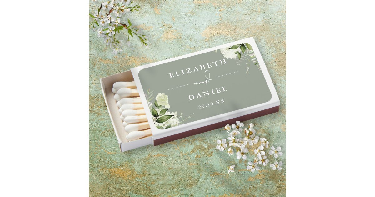 Floral Greenery Sage Green Wedding Favors Matchboxes | Zazzle