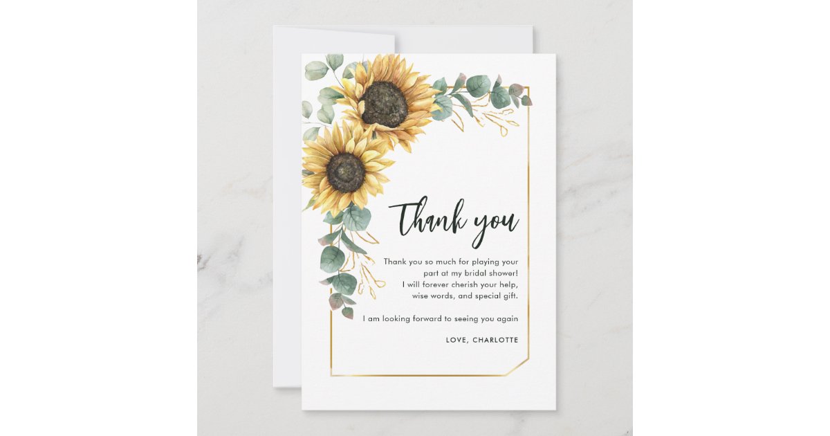Floral Greenery Sunflower Script Bridal Shower Thank You Card | Zazzle