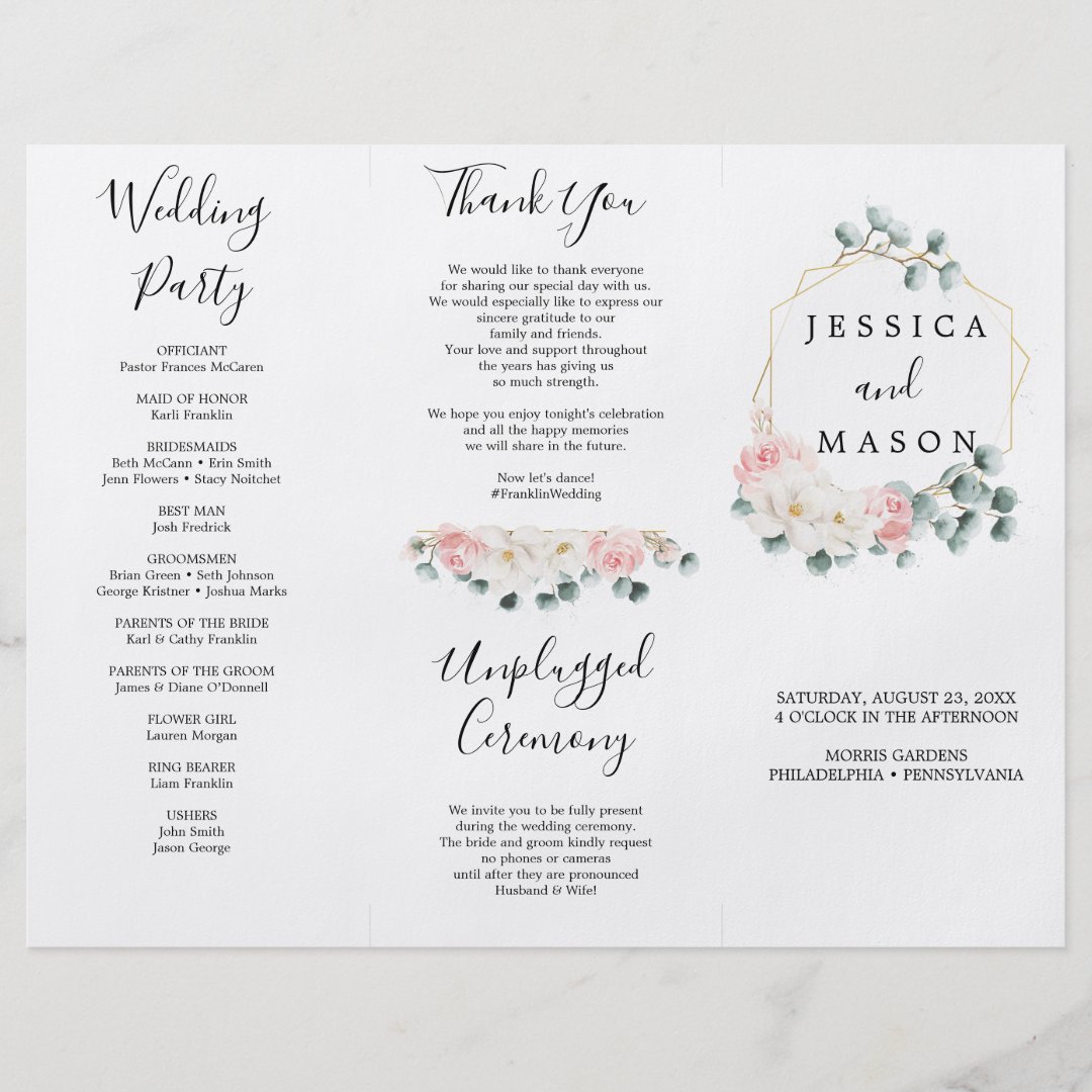 Floral Greenery Tri-Fold Wedding Program Flyer | Zazzle