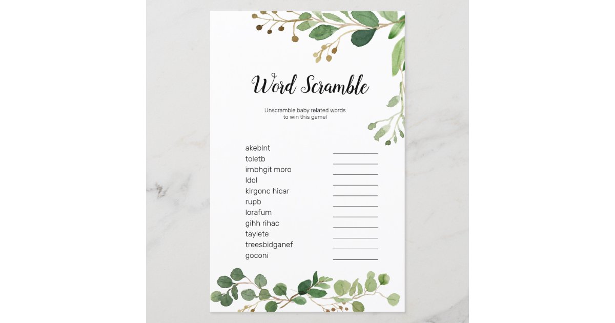 Floral Greenery Watercolor Word Scramble Game | Zazzle
