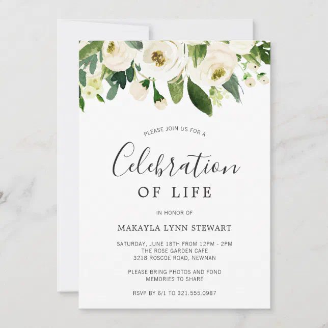 Floral Greenery White Roses Celebration of Life Invitation | Zazzle