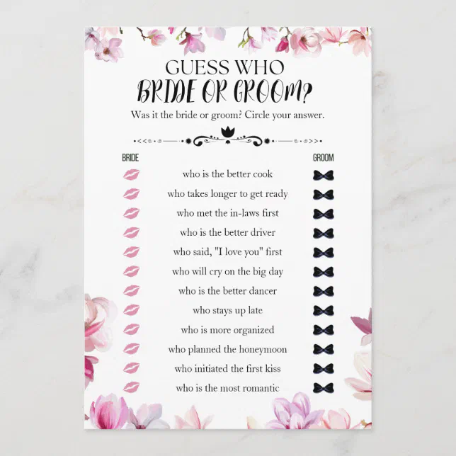 Floral guess who bride or groom bridal shower game invitation | Zazzle