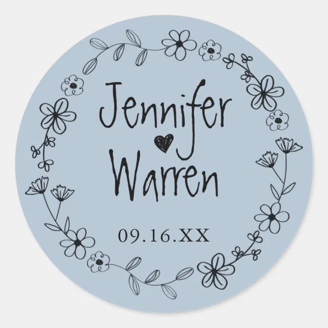 Floral Hand Drawn Wreath Personalized Dusty Blue Classic Round Sticker ...