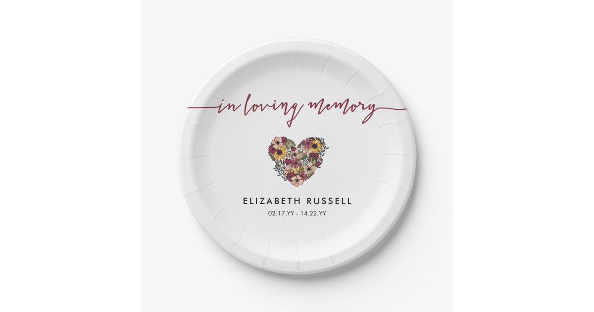 Floral Heart In Loving Memory Memorial Funeral Paper Plates | Zazzle