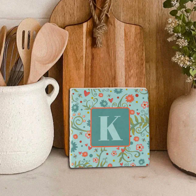 Floral Heart Pattern Pretty Custom Initial Trivet | Zazzle