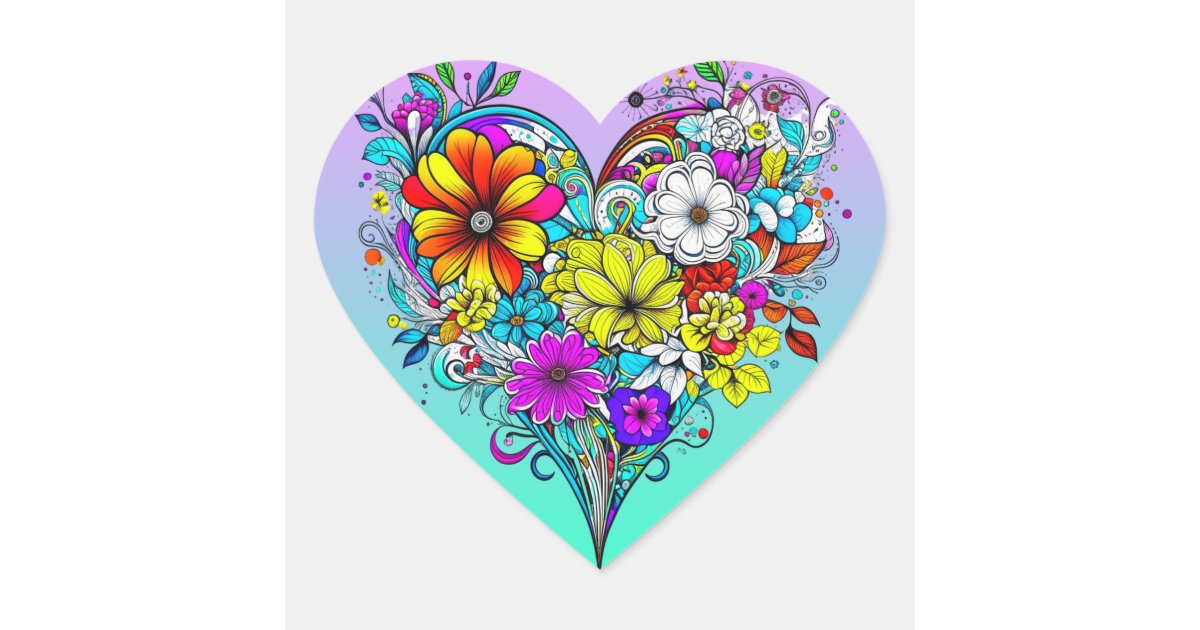 Floral Heart Pretty Colorful Heart Sticker | Zazzle