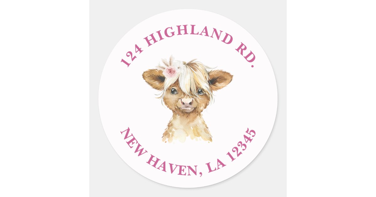 Floral Highland Cow Address Classic Round Sticker | Zazzle