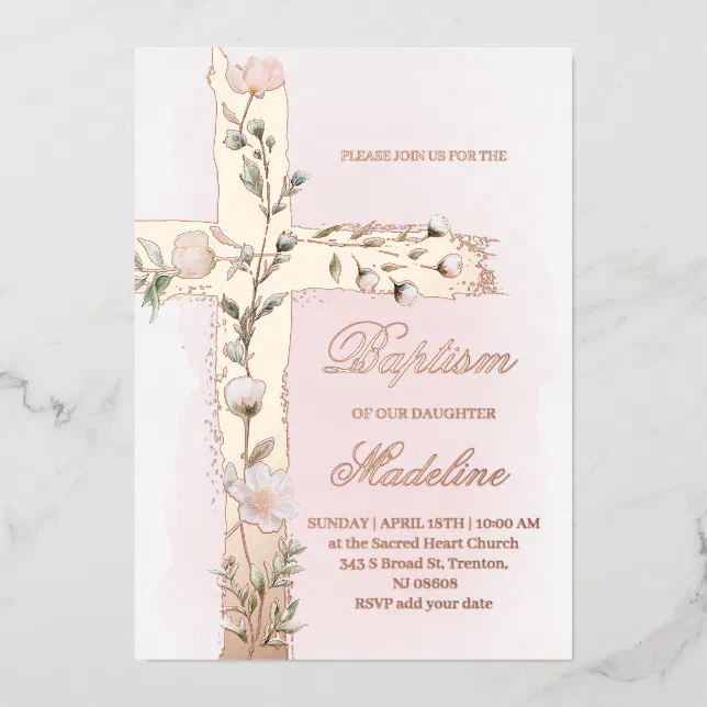 floral Holy cross Baptism Foil Invitation | Zazzle