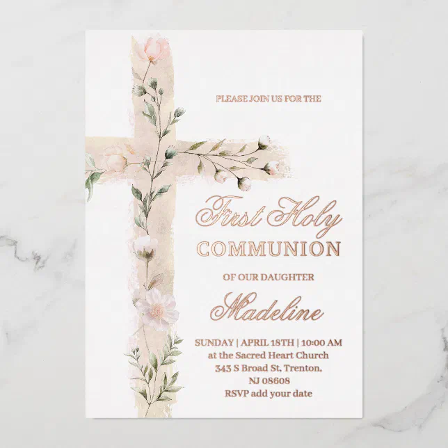 floral Holy cross First Holy Communion Foil Invitation | Zazzle
