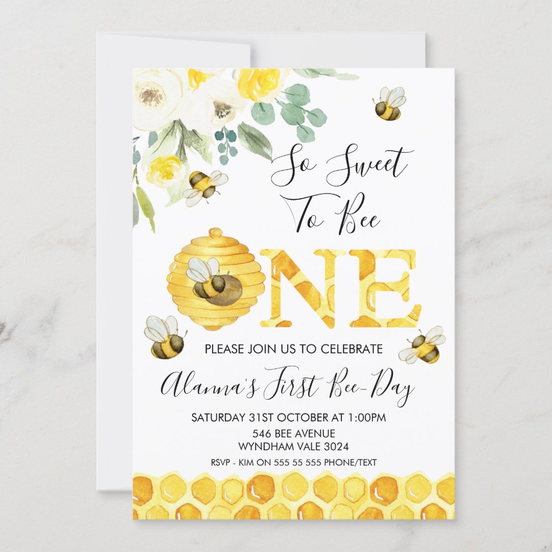 Floral Honey Bee First Bee-day Birthday Invitation | Zazzle