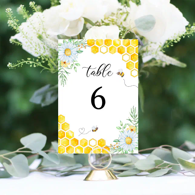 Floral Honey bee wedding table number | Zazzle