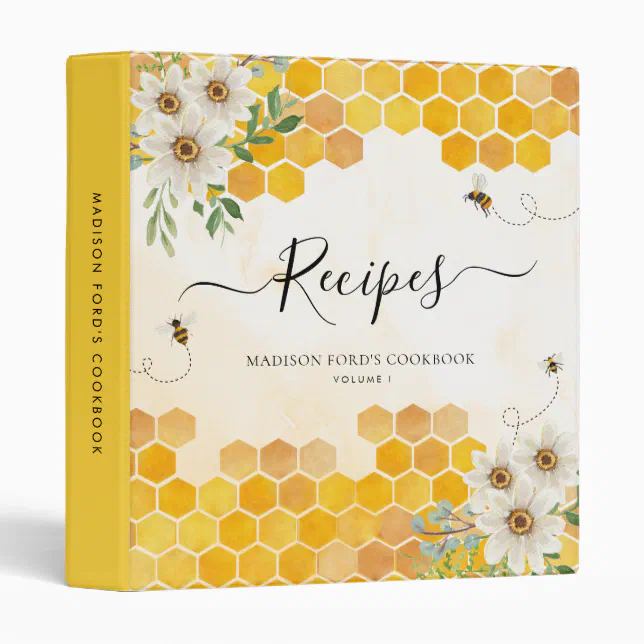 Floral Honeycomb Bumble Honey Bee Yellow Recipe 3 Ring Binder | Zazzle