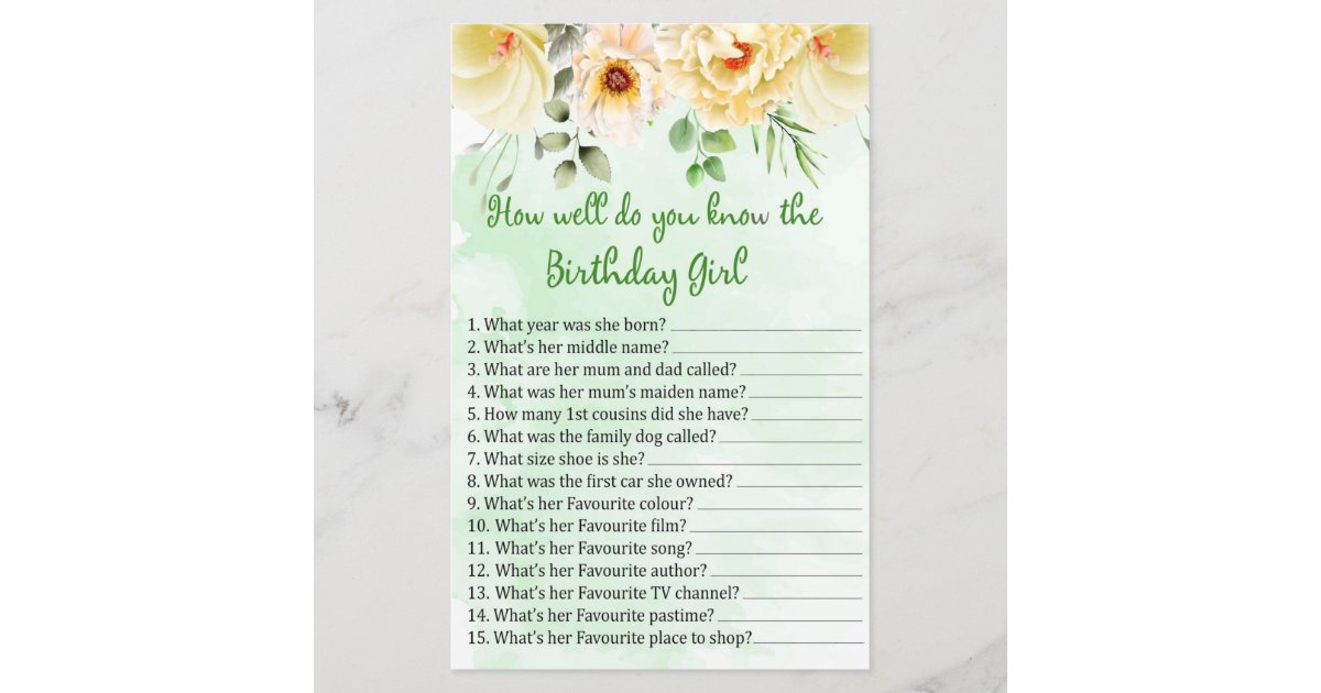 Floral How well do you know the birthday girl | Zazzle