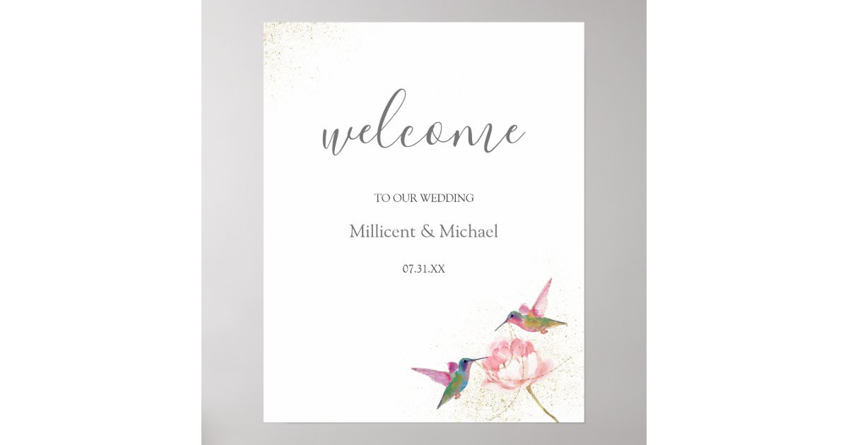 Floral Hummingbirds Gold Watercolor Welcome Sign | Zazzle