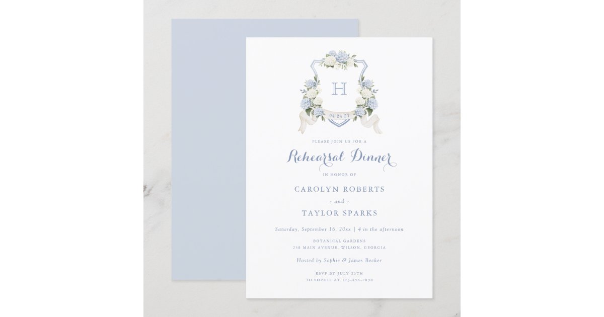 Floral Hydrangea Crest Rehearsal Dinner Wedding Invitation | Zazzle