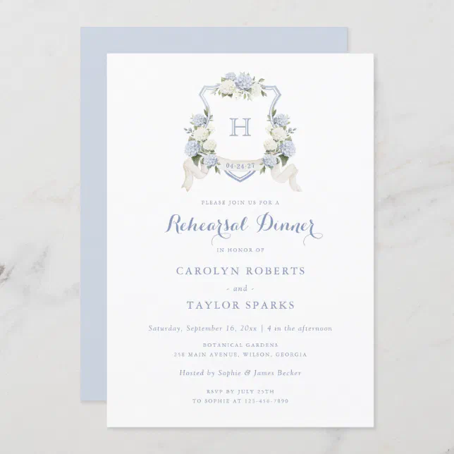Floral Hydrangea Crest Rehearsal Dinner Wedding Invitation | Zazzle