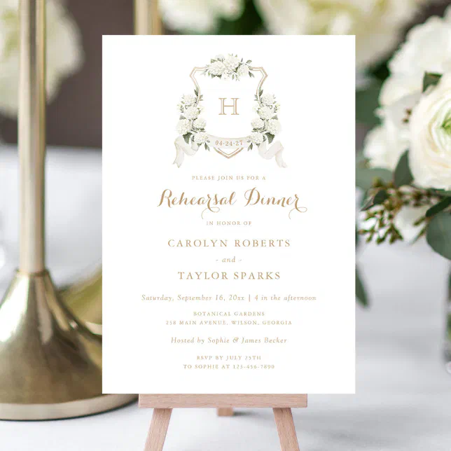 Floral Hydrangea Crest Rehearsal Dinner Wedding Invitation | Zazzle