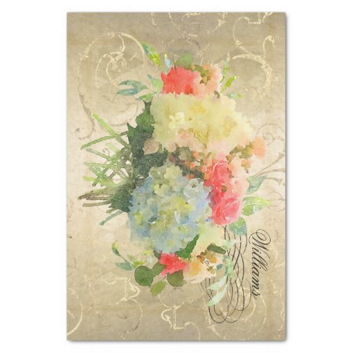 Floral Hydrangea Roses Gold Monogram Name Tissue Paper | Zazzle